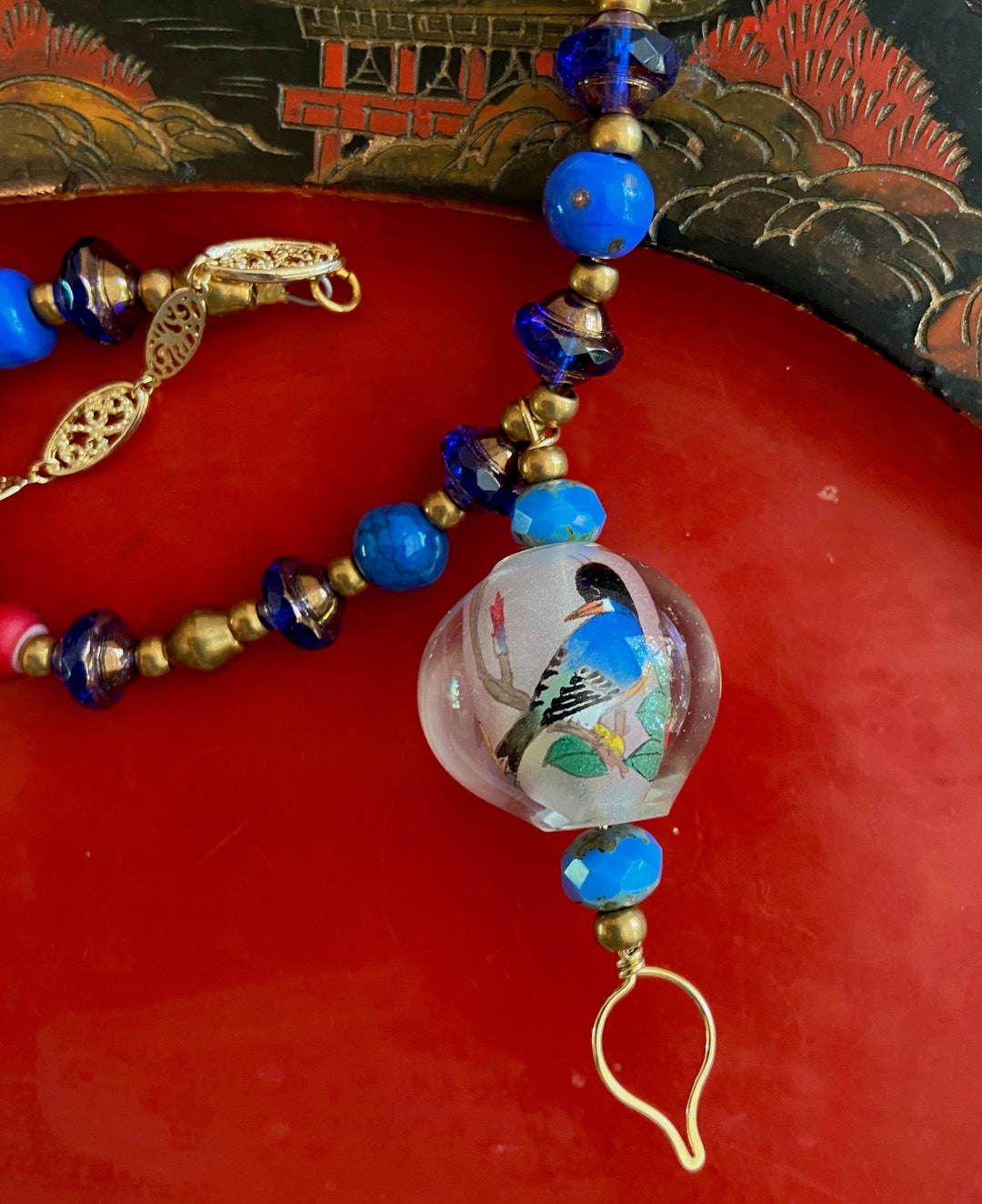 Reverse Painted Bluebird Pendant Necklace Beautiful Vintage Chinese ...