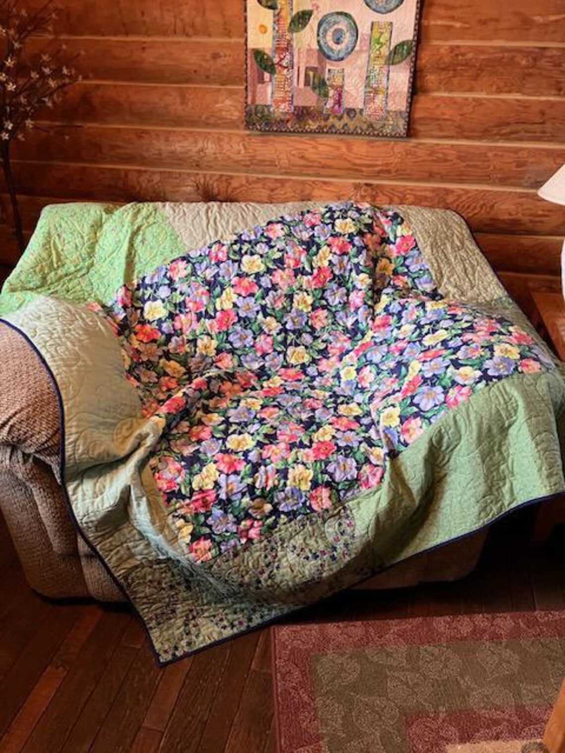 Throw, Couch, or Lap Quilt, String Log Squares With Lime Sashing, 72" X ...