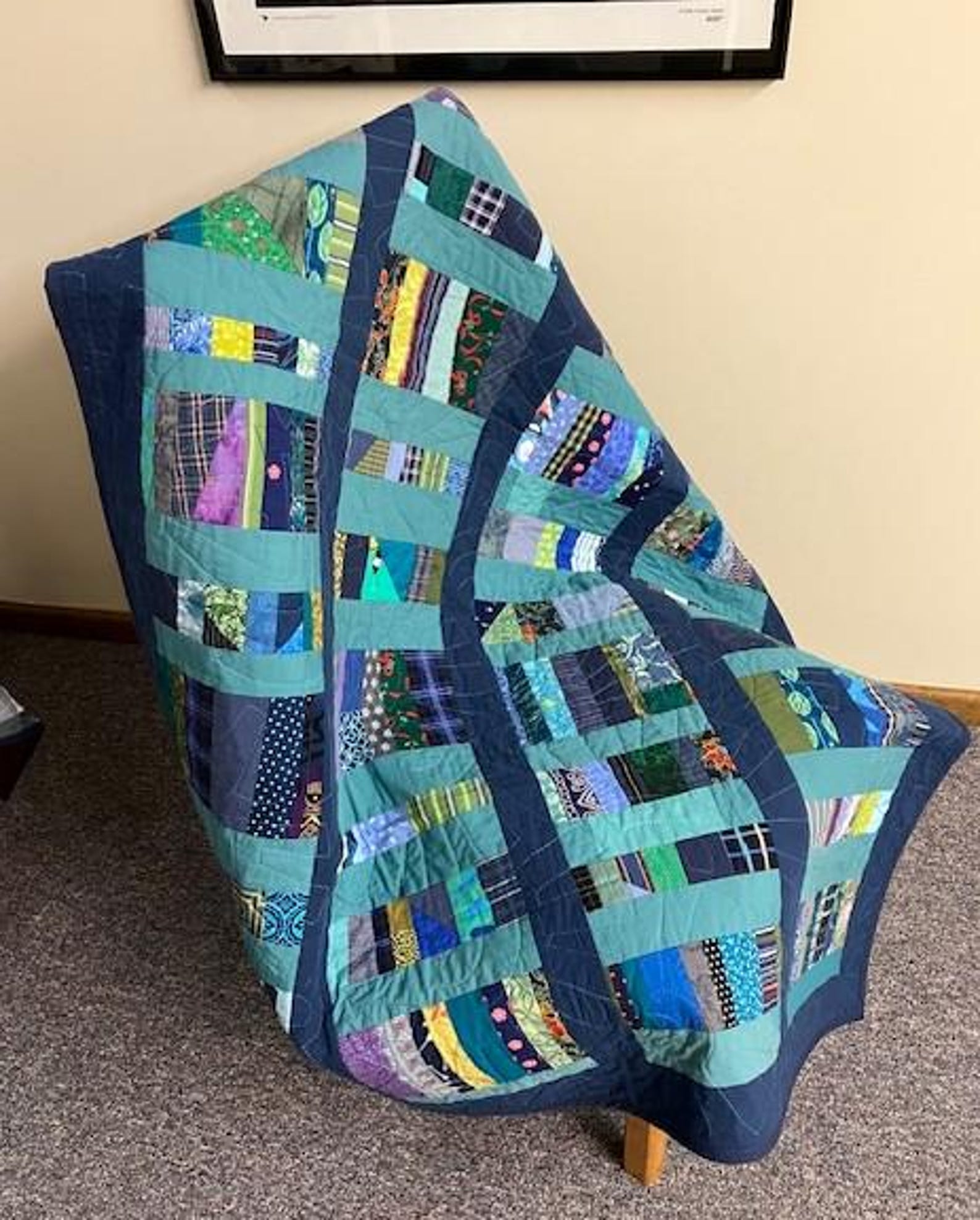 Baby Quilt, Columns of Crumb Blocks With Teal and Navy Sashing, 49" X ...