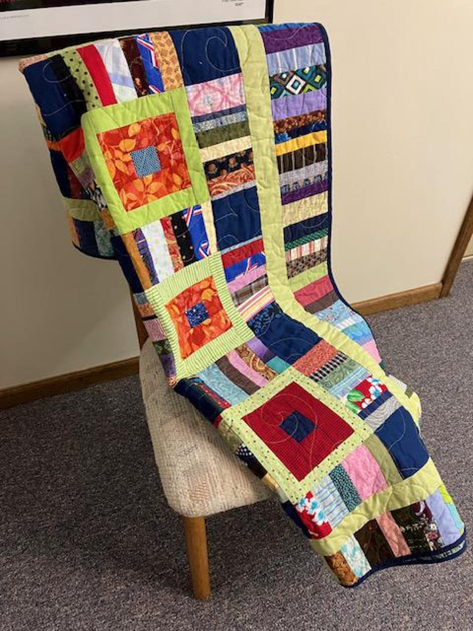 Throw, Couch, or Lap Quilt, String Log Squares With Lime Sashing, 72" X ...