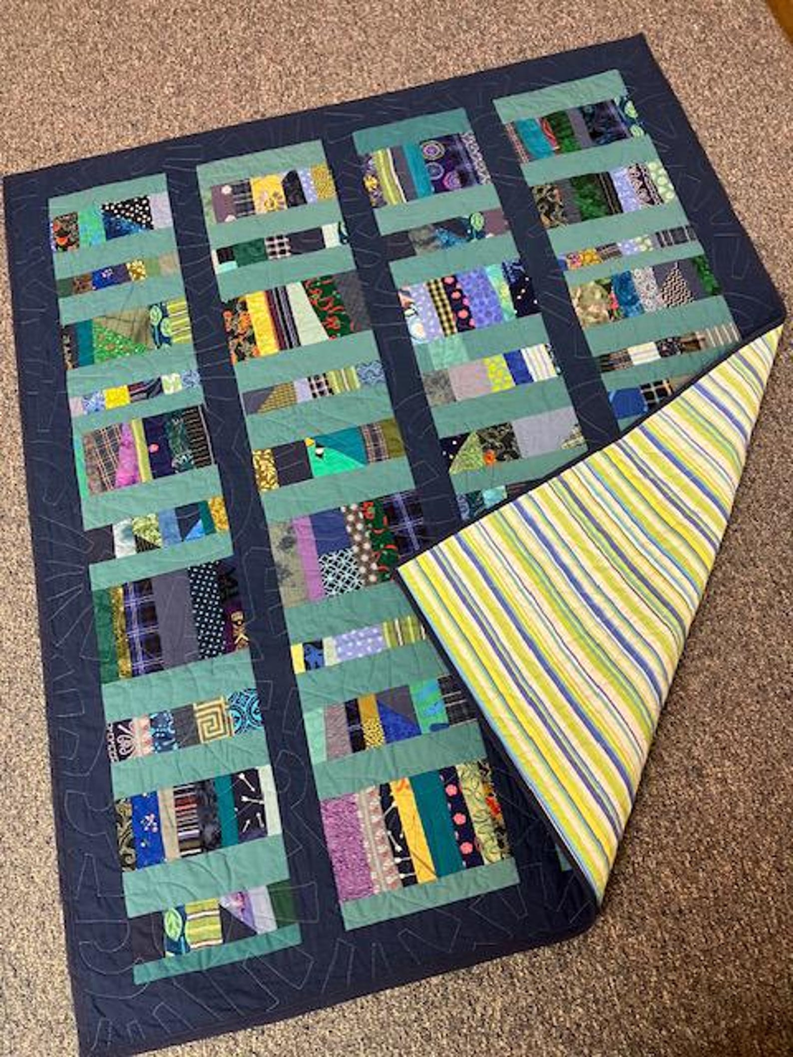 Baby Quilt, Columns of Crumb Blocks With Teal and Navy Sashing, 49" X ...