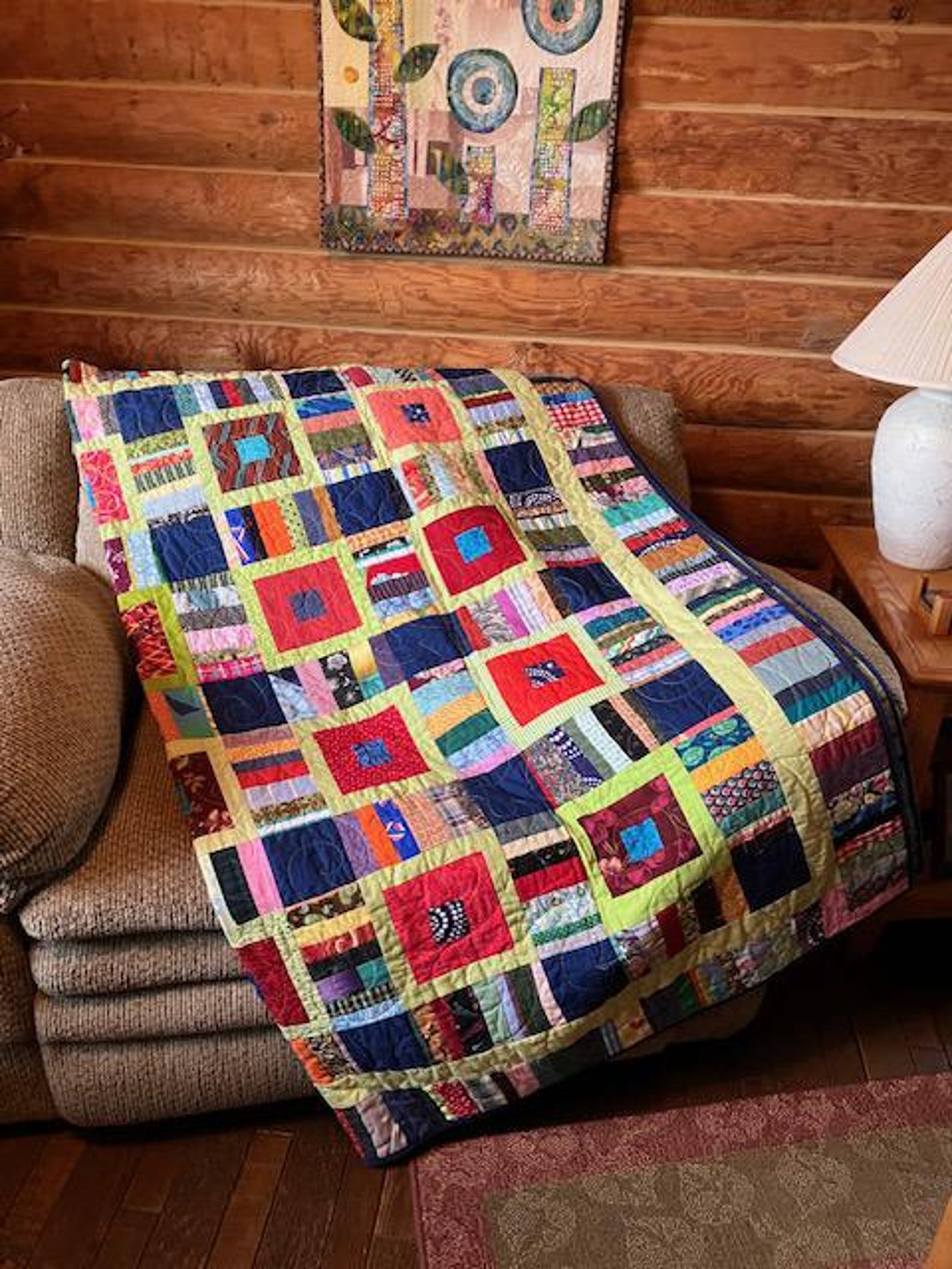 Throw, Couch, or Lap Quilt, String Log Squares With Lime Sashing, 72" X ...