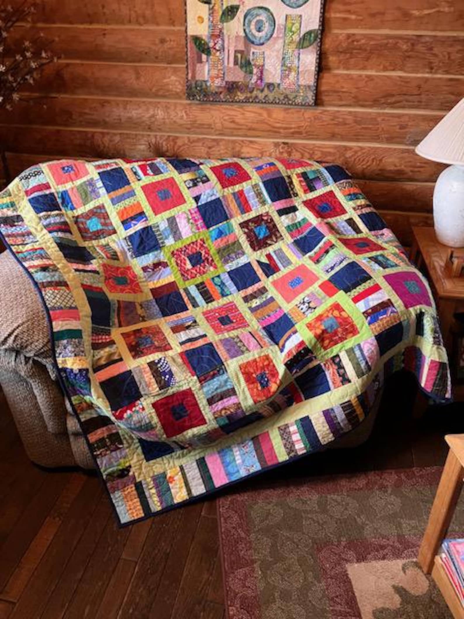 Throw, Couch, or Lap Quilt, String Log Squares With Lime Sashing, 72" X ...