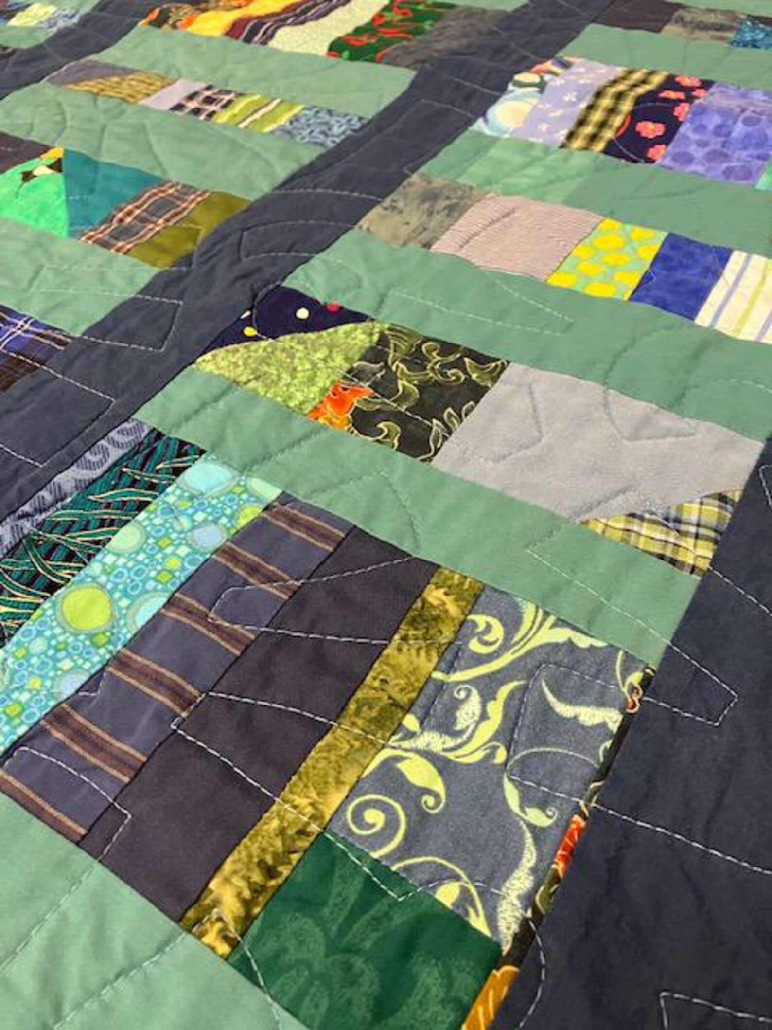 Baby Quilt, Columns of Crumb Blocks With Teal and Navy Sashing, 49" X ...