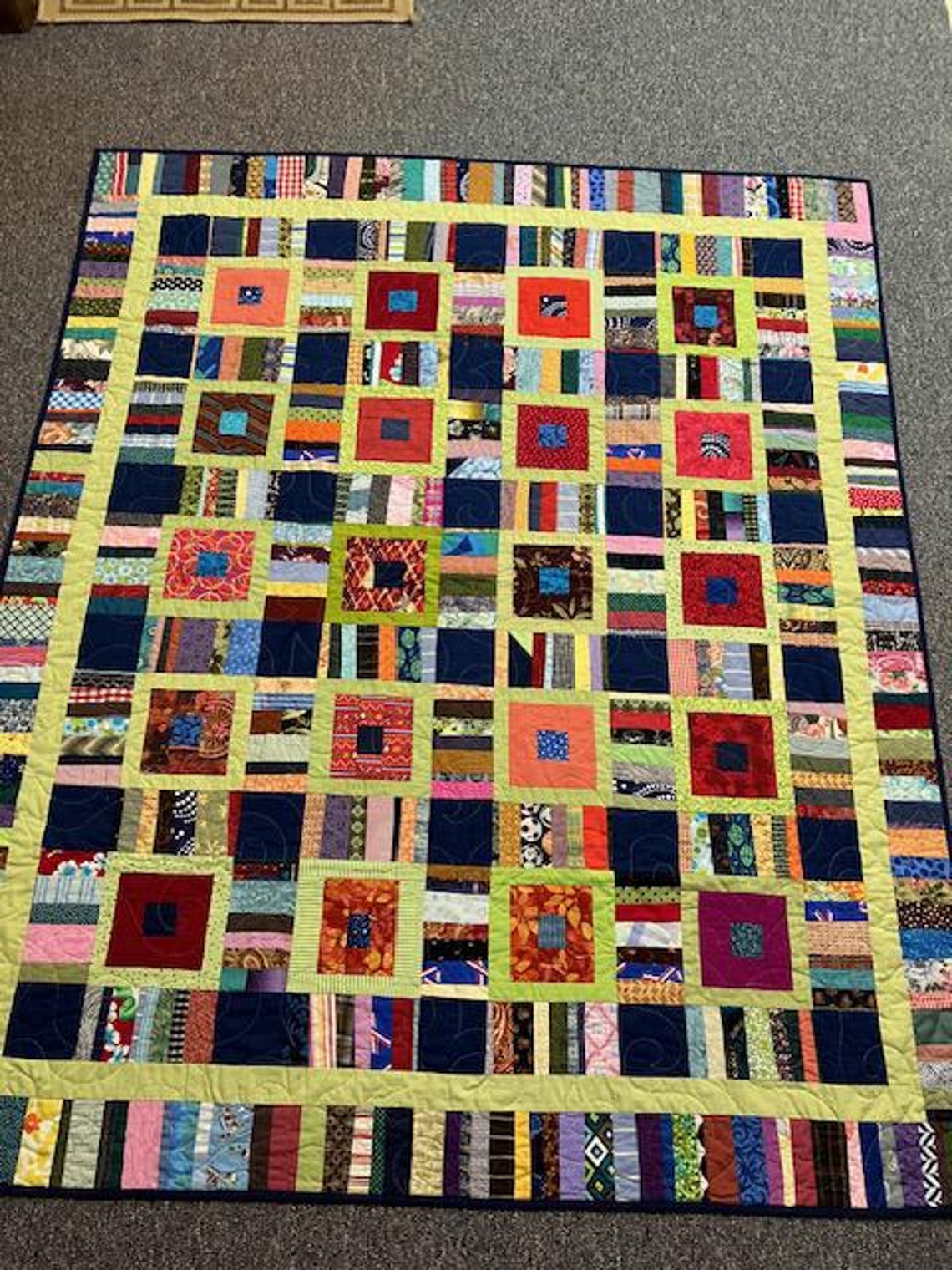 Throw, Couch, or Lap Quilt, String Log Squares With Lime Sashing, 72" X ...