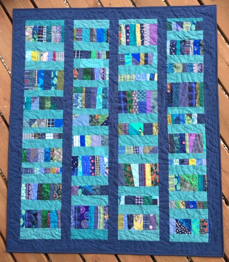 Baby Quilt, Columns of Crumb Blocks With Teal and Navy Sashing, 49" X ...