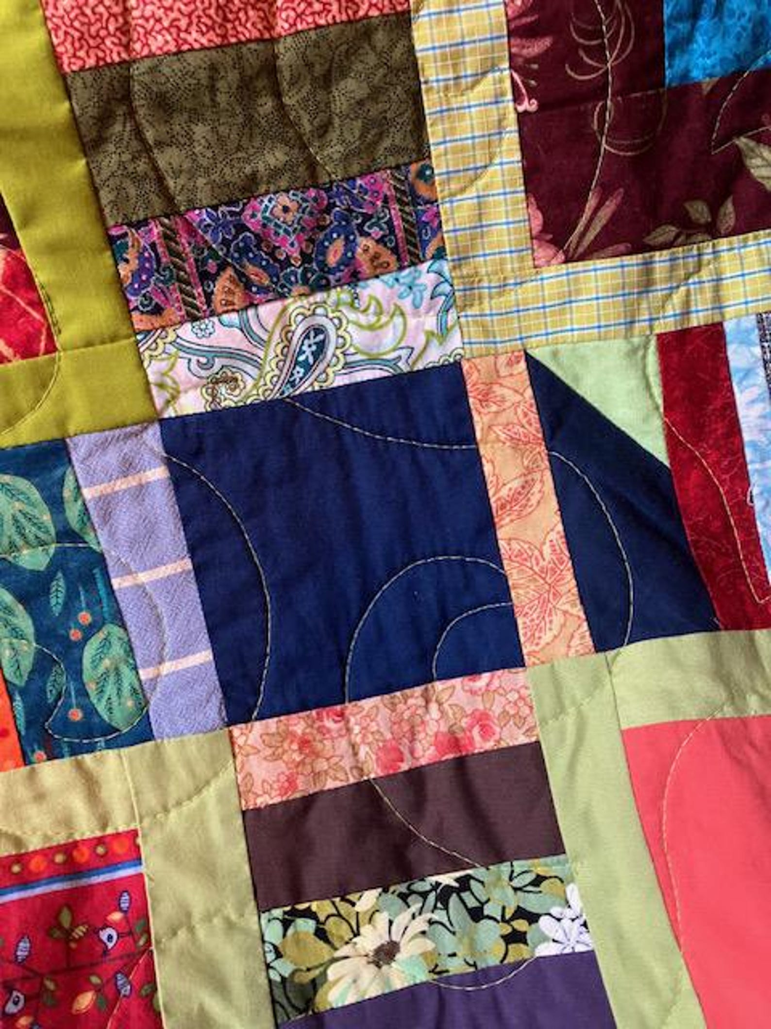 Throw, Couch, or Lap Quilt, String Log Squares With Lime Sashing, 72" X ...