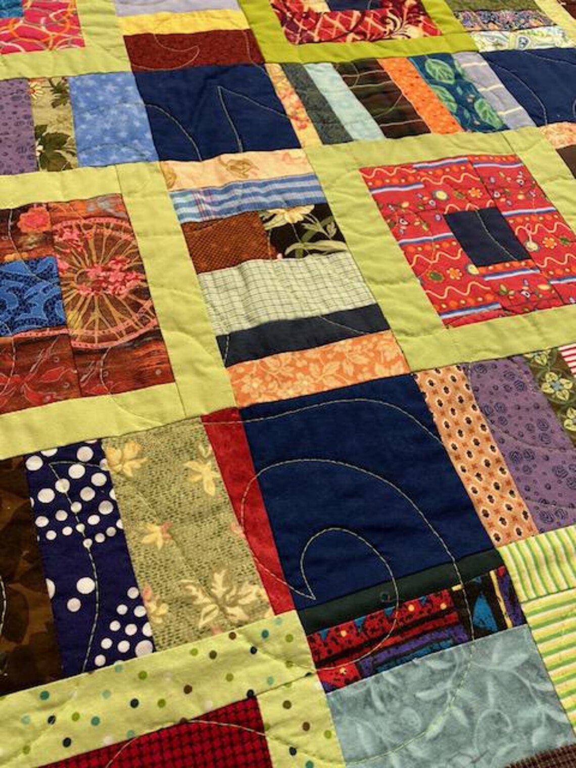 Throw, Couch, or Lap Quilt, String Log Squares With Lime Sashing, 72" X ...
