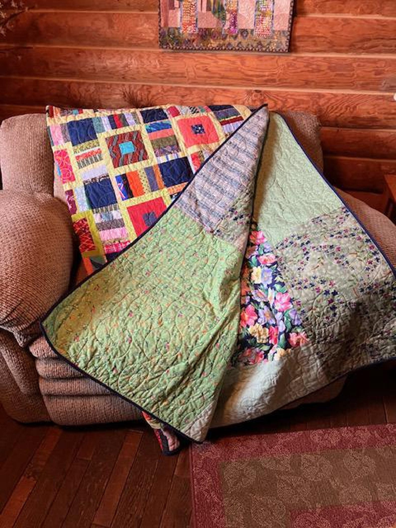 Throw, Couch, or Lap Quilt, String Log Squares With Lime Sashing, 72" X ...