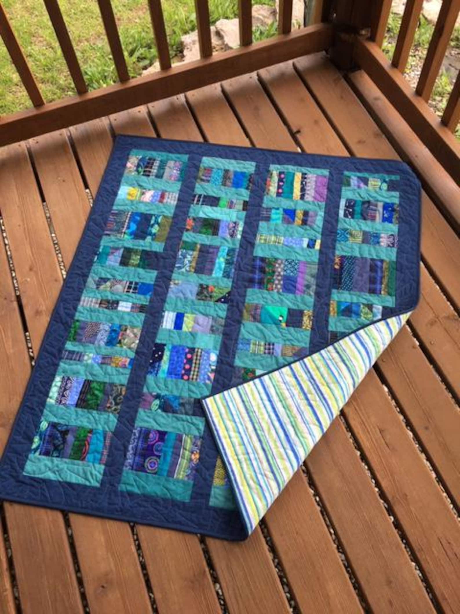 Baby Quilt, Columns of Crumb Blocks With Teal and Navy Sashing, 49" X ...