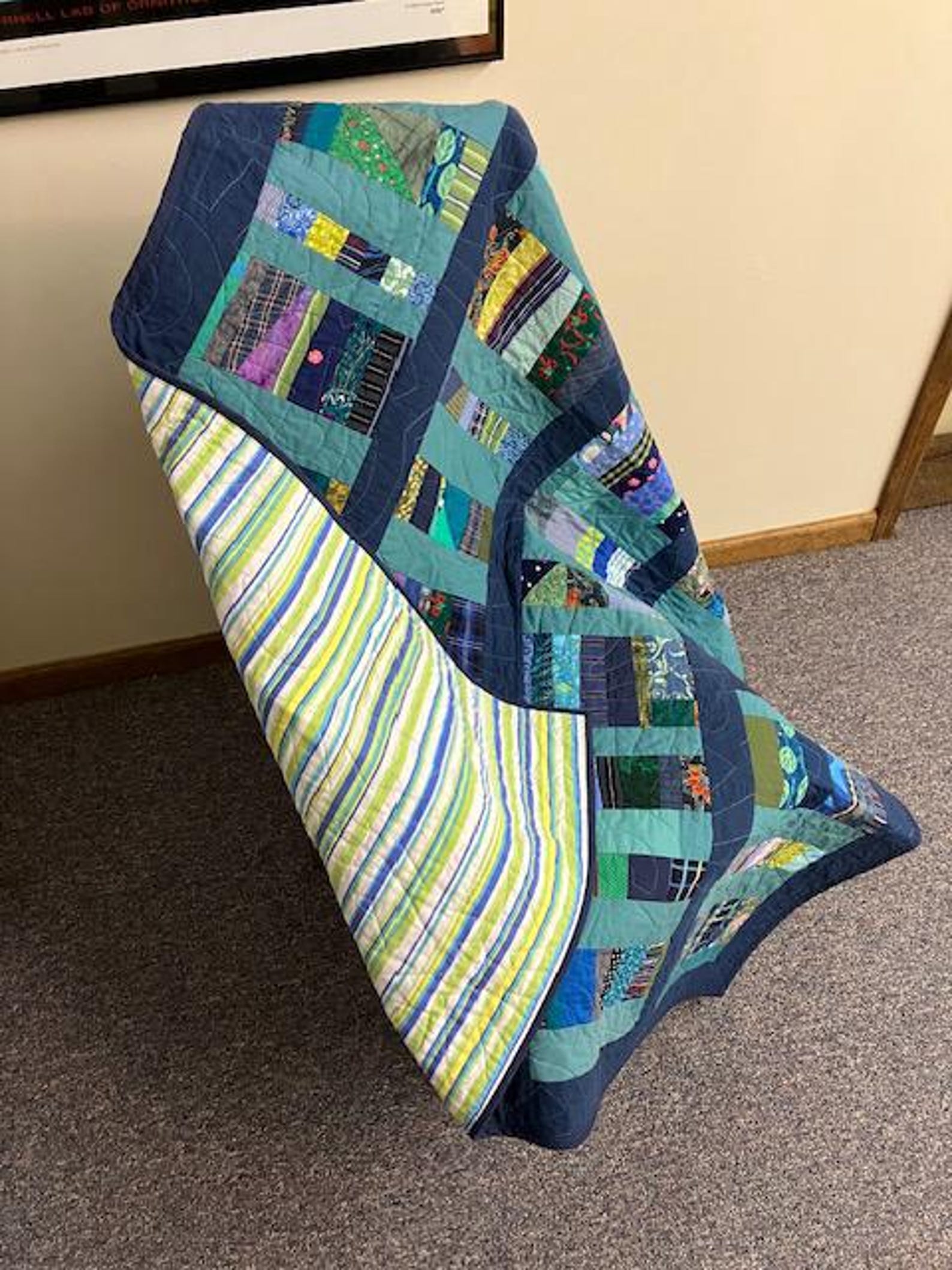 Baby Quilt, Columns of Crumb Blocks With Teal and Navy Sashing, 49" X ...