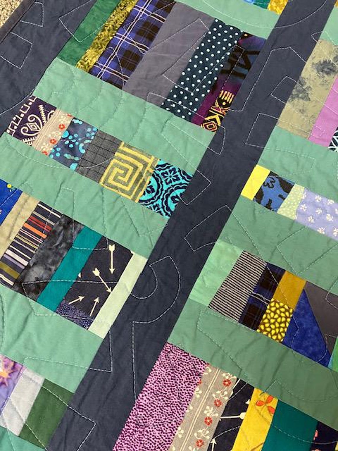 Baby Quilt, Columns of Crumb Blocks With Teal and Navy Sashing, 49" X ...