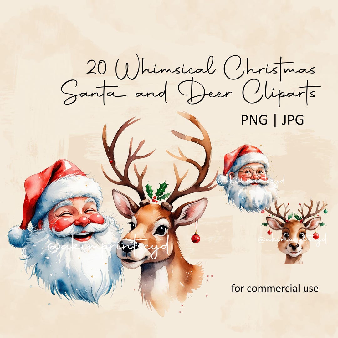 Watercolor Christmas Clipart Set: Santa, Reindeer, Tree (4600x4600px ...