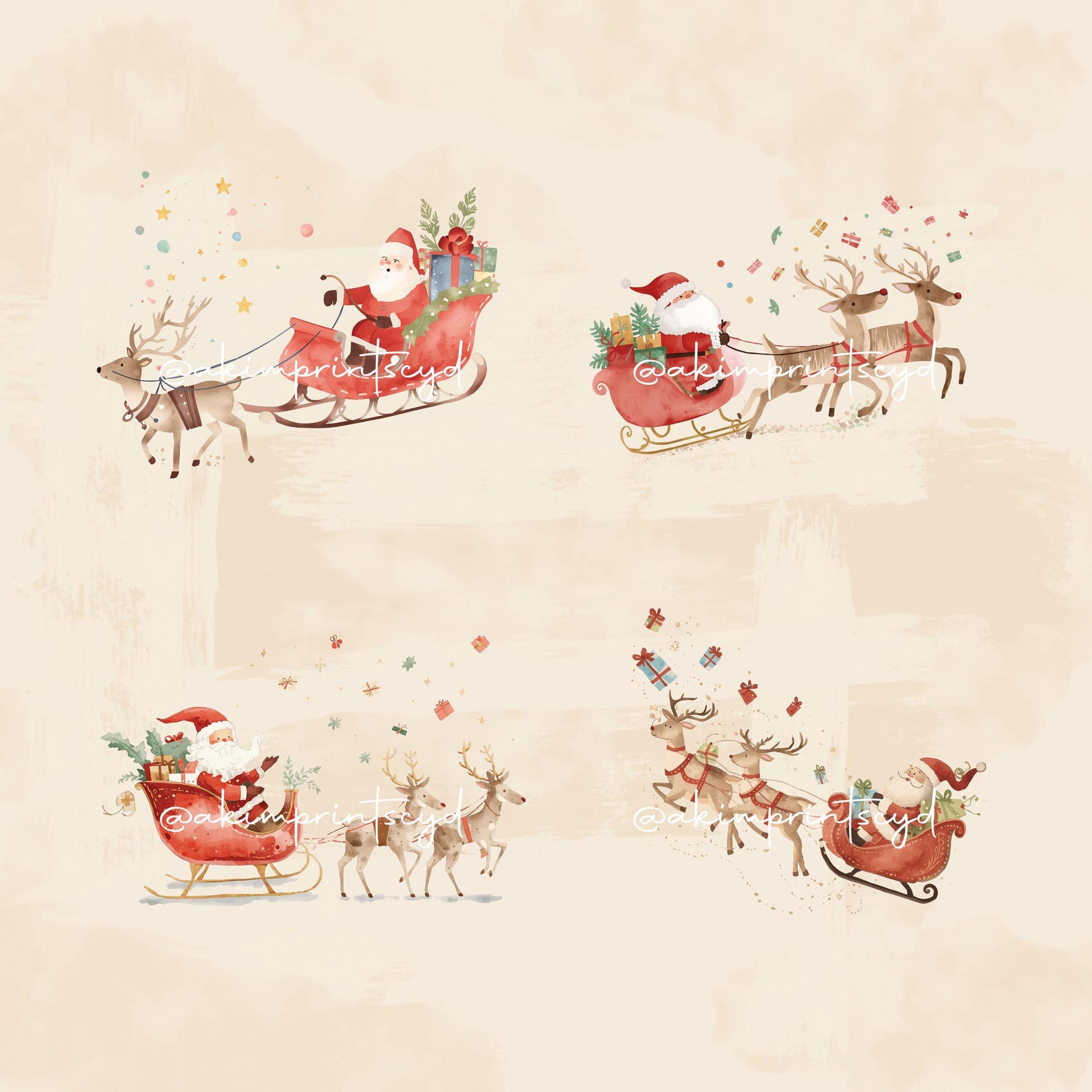 Watercolor Santa Claus Clipart Set: Christmas Sleigh, Reindeer PNG ...