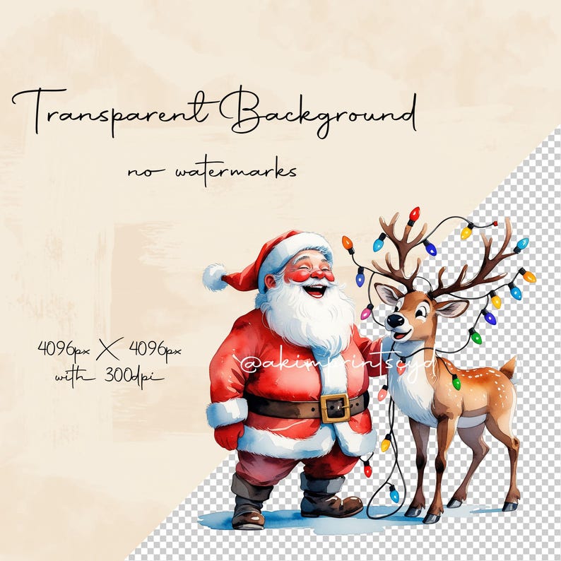 Watercolor Christmas Clipart Set: Santa, Reindeer, Tree (4600x4600px ...