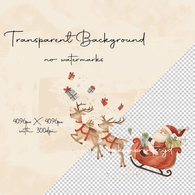Watercolor Santa Claus Clipart Set: Christmas Sleigh, Reindeer PNG ...