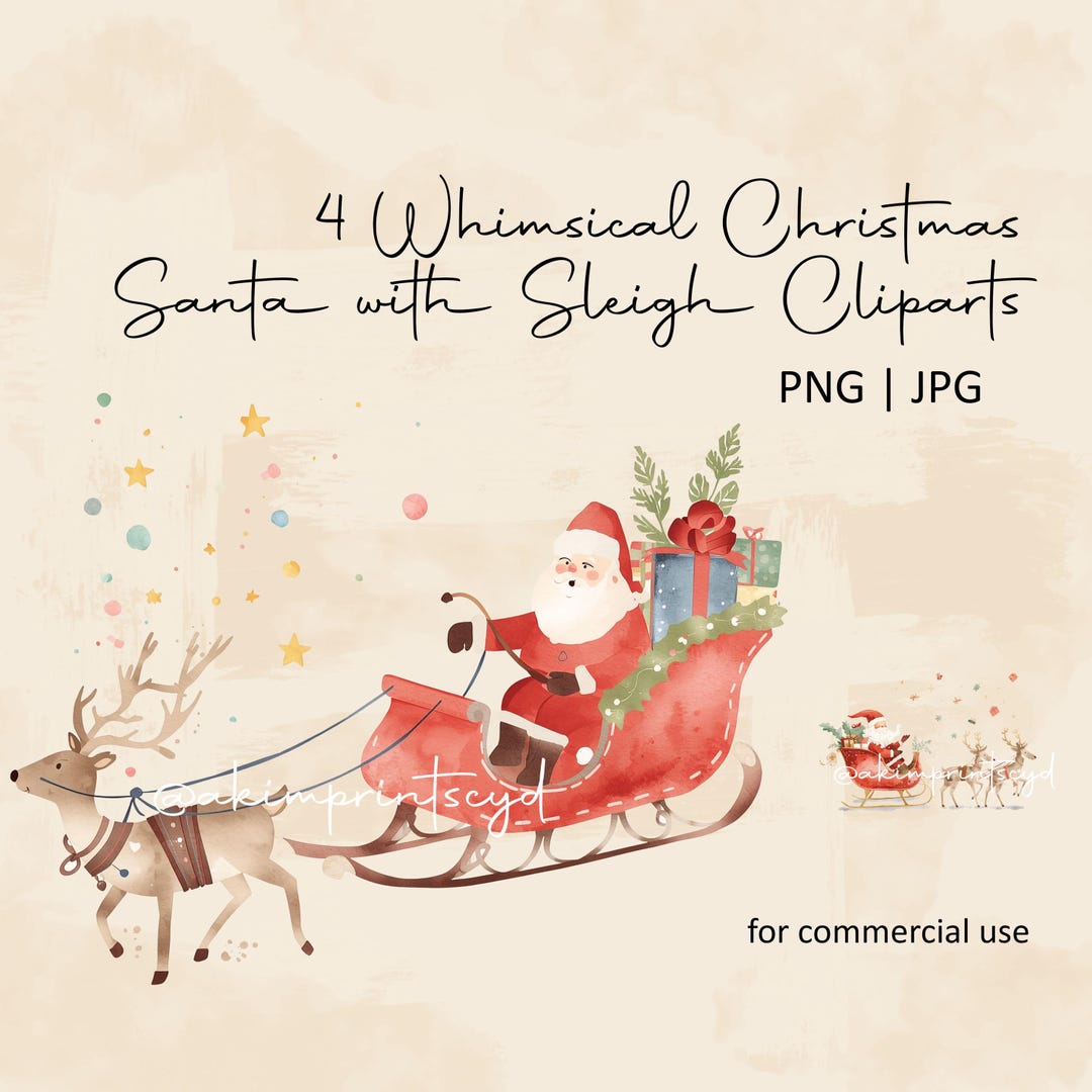 Watercolor Santa Claus Clipart Set: Christmas Sleigh, Reindeer PNG ...