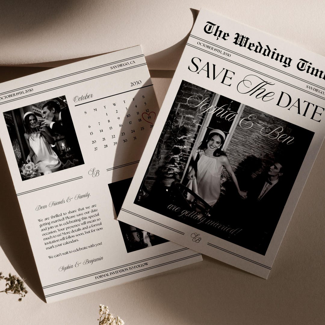 Retro Newspaper Save the Date Template Newspaper Wedding Save the Date ...