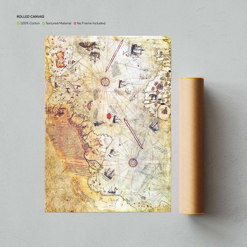 Piri Reis Map Canvas, Ottoman Empire Historical Map 1513, Piri Reis ...