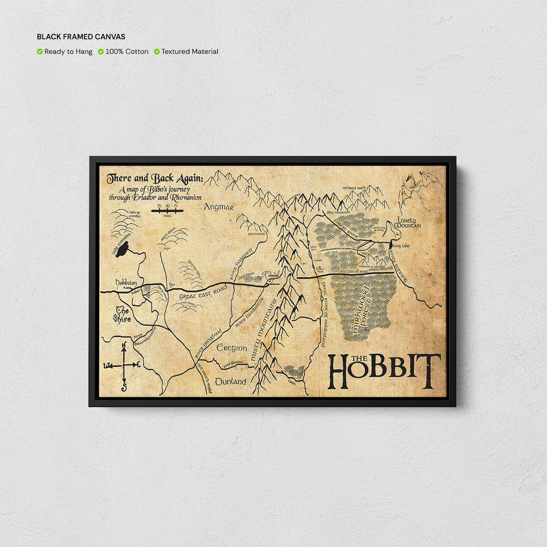 The Hobbit Map Poster, Bilbo Baggins Journey Map Canvas, Hobbiton Map ...