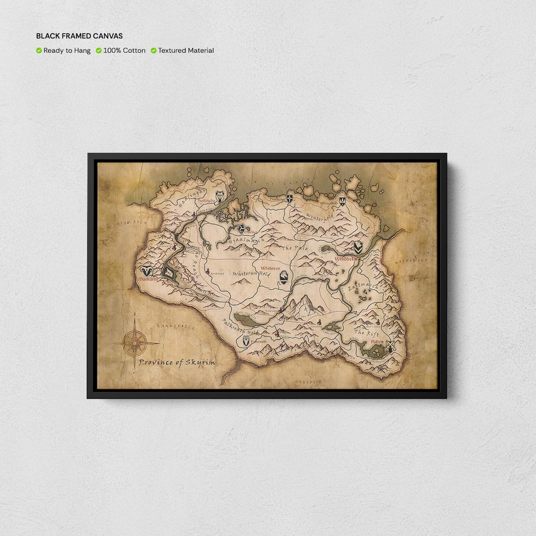 Skyrim Map Print, the Elder Scrolls Map, Map of Tamriel Canvas ...
