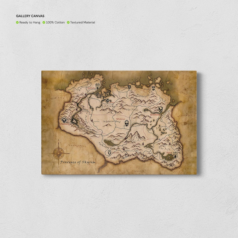 Skyrim Map Print, the Elder Scrolls Map, Map of Tamriel Canvas ...