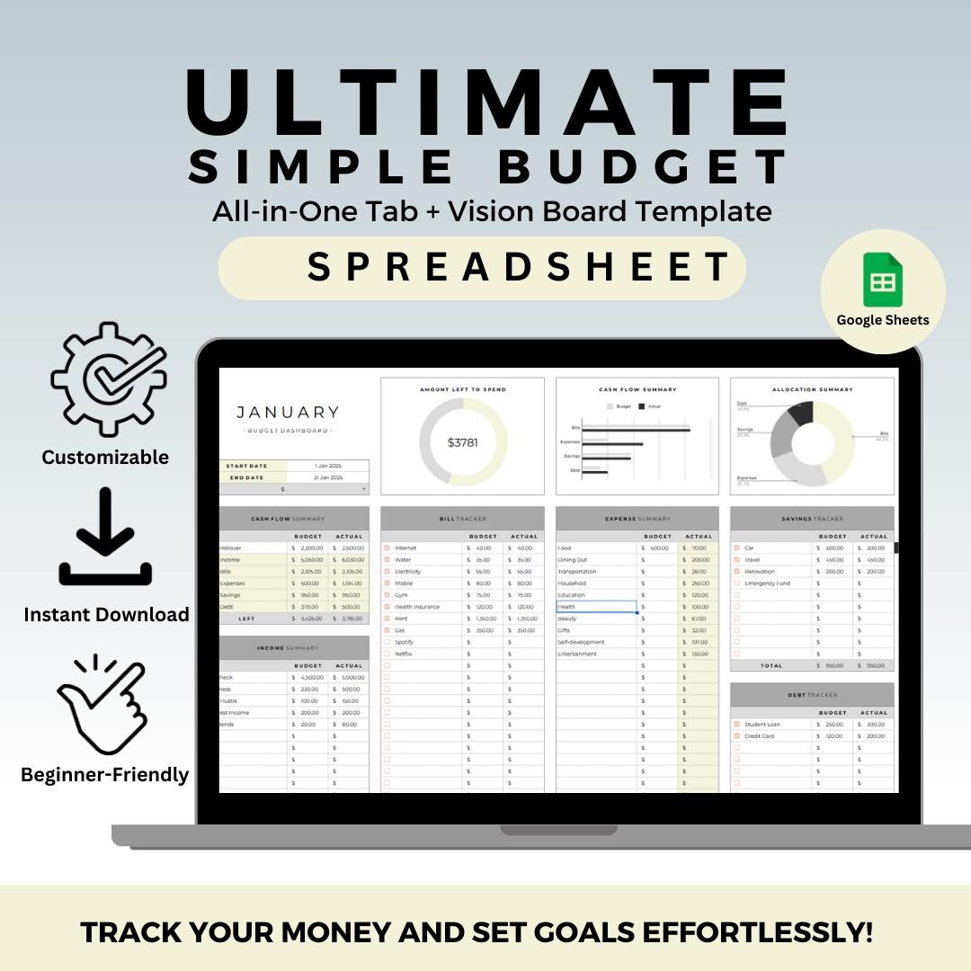 Simple Budget Spreadsheet: Beginner-friendly Monthly Planner (google ...