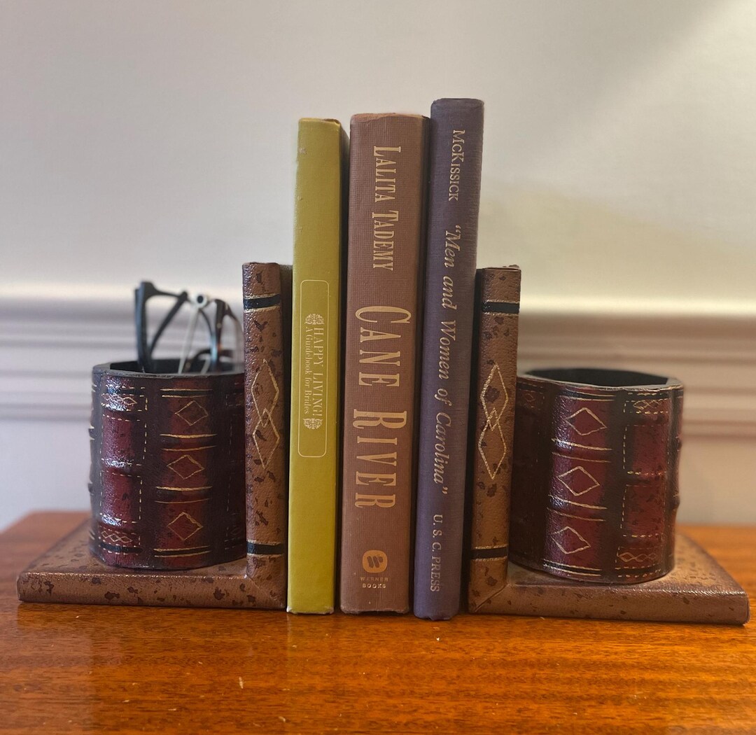 Vintage Faux Leather Bookends With Cup Holders | Three Hands Corp ...