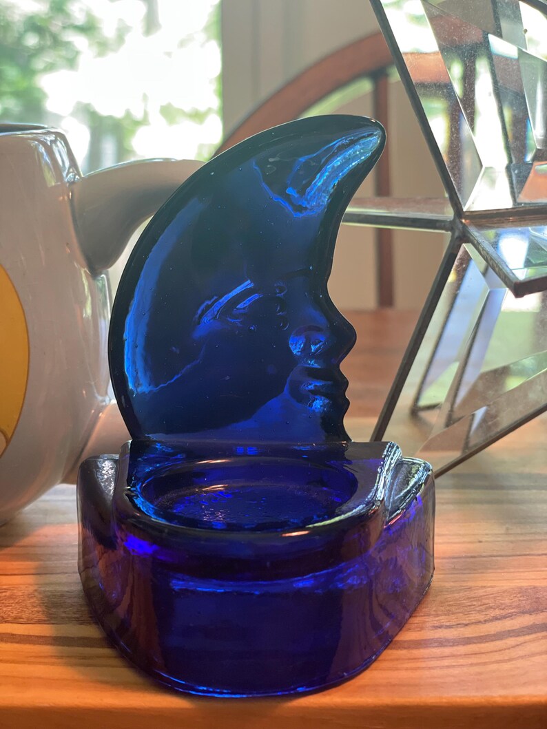 Vintage Cobalt Blue Glass Moon Face Tealight Candle Holder - Celestial ...