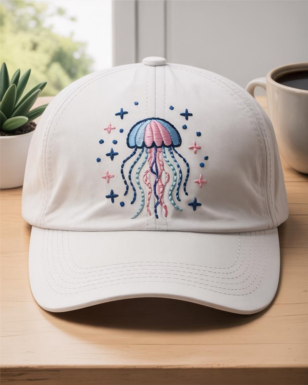 Whimsical Jellyfish Cap – Thin Line Embroidery Sea Creature Hat in ...
