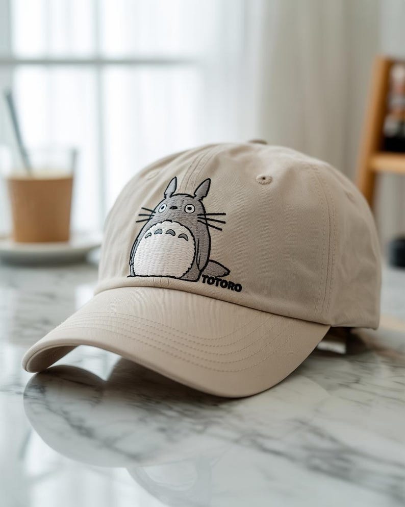 Kawaii Totoro Mini Embroidered Hat – Subtle Grey Thread Sketch – Soft ...