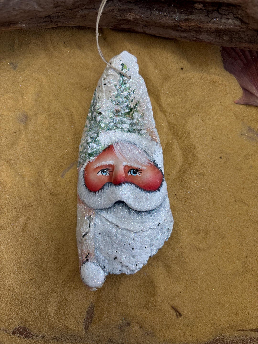 Sea Shell Santa Pretty Oyster Glittered Pine Trees Christmas Ornament ...