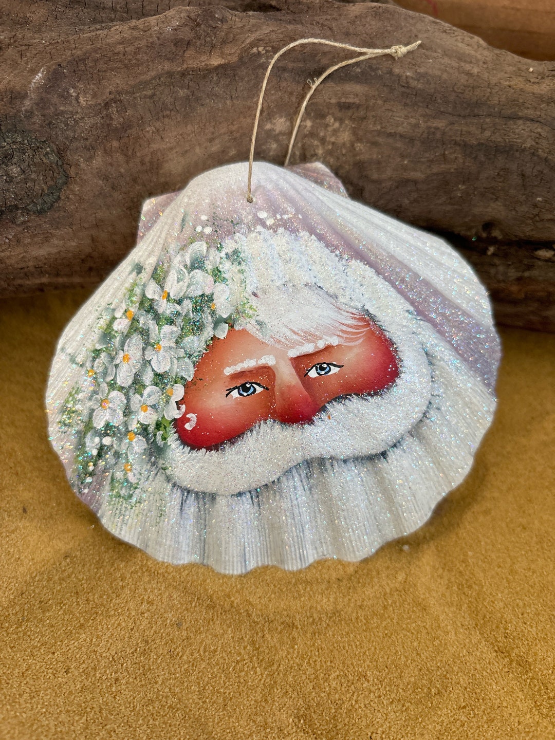 Sea Shell Santa Pretty Scallop Glittered Daisy Christmas Ornament Beach ...