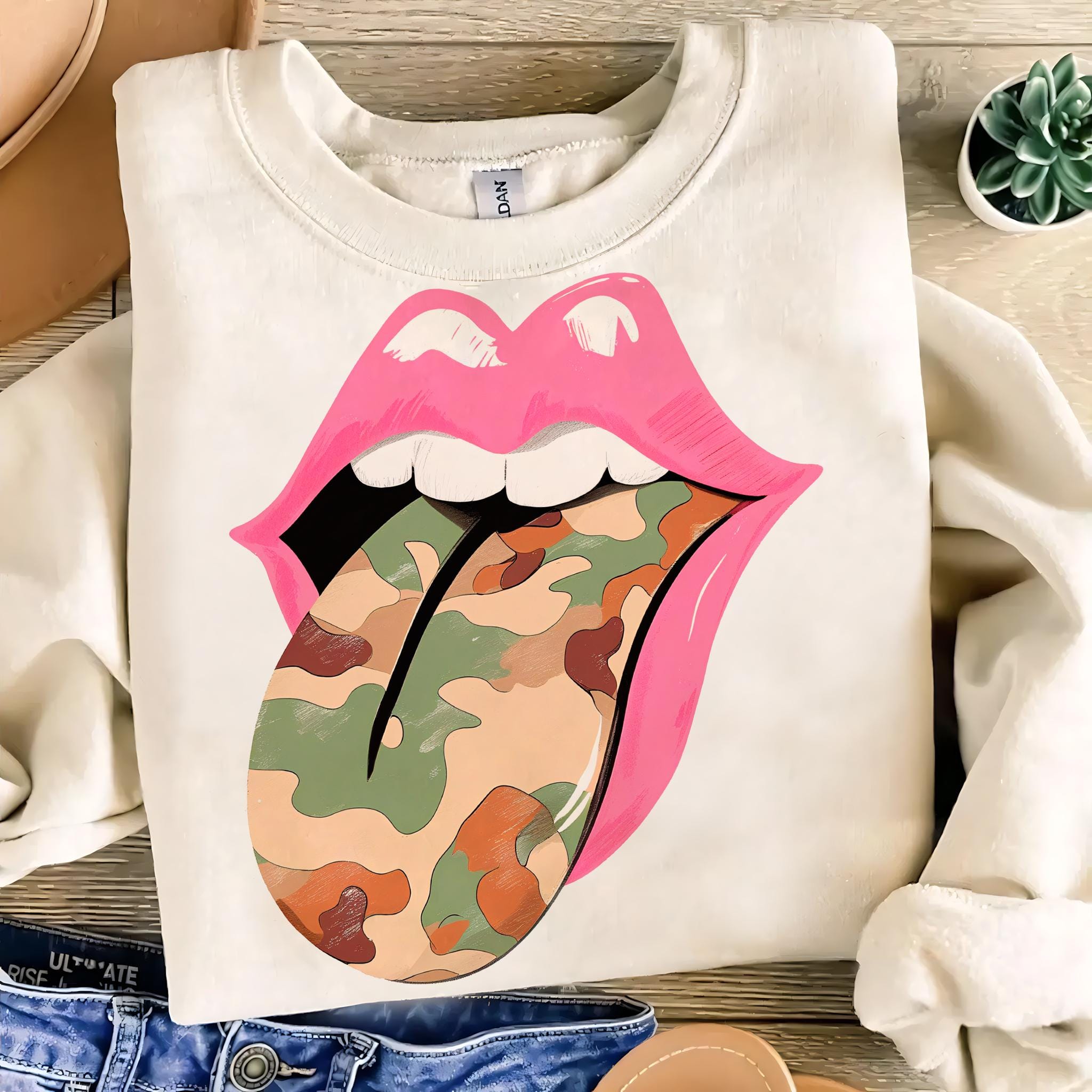 Camo Tongue PNG, Preppy Camo Shirt, Trendy Pink Mouth Design for ...