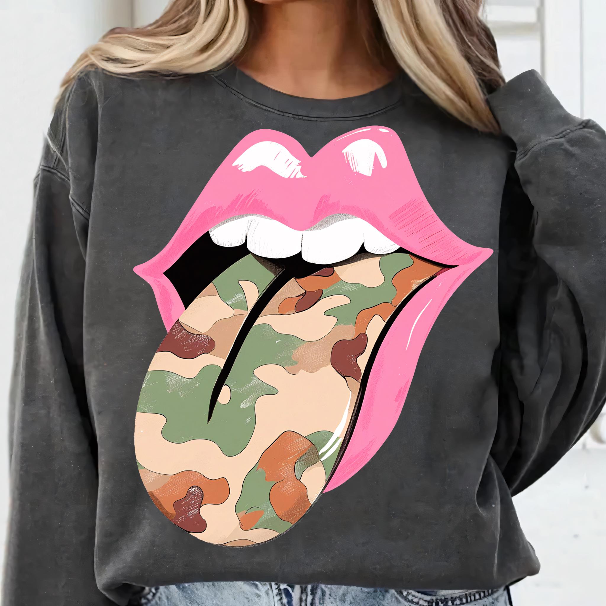 Camo Tongue PNG, Preppy Camo Shirt, Trendy Pink Mouth Design for ...