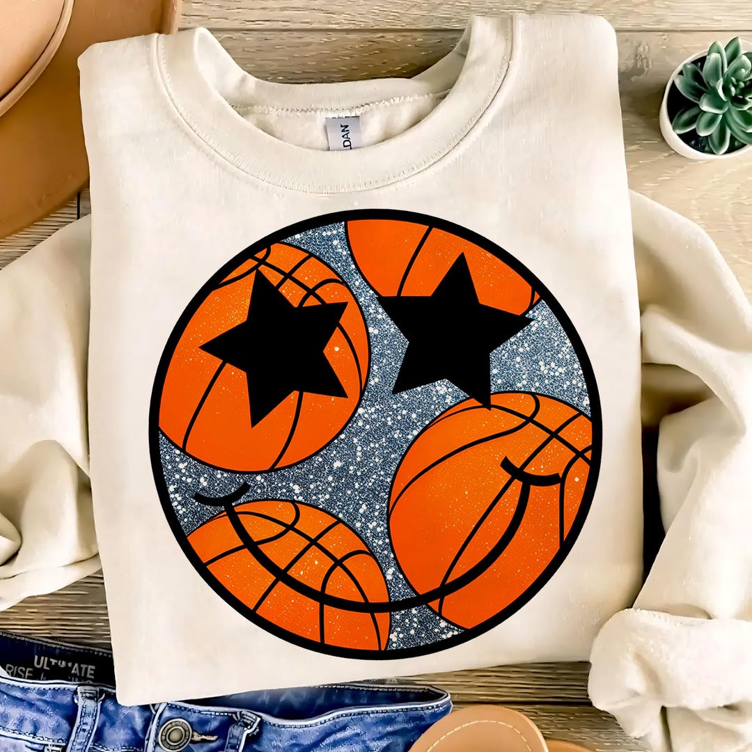 Sparkly Basketball Smiley Face PNG: Happy Star Eyes Sublimation, Back ...