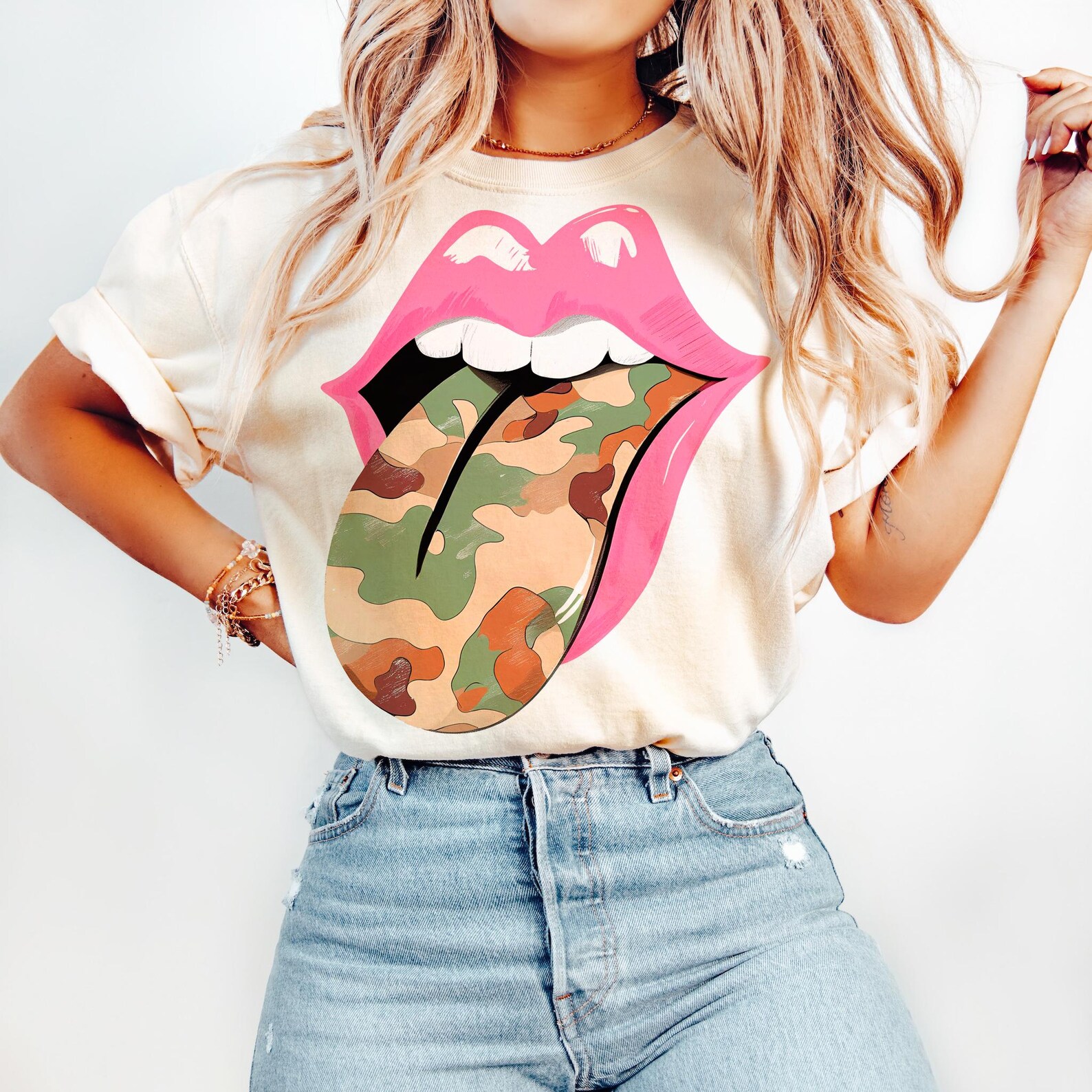 Camo Tongue PNG, Preppy Camo Shirt, Trendy Pink Mouth Design for ...