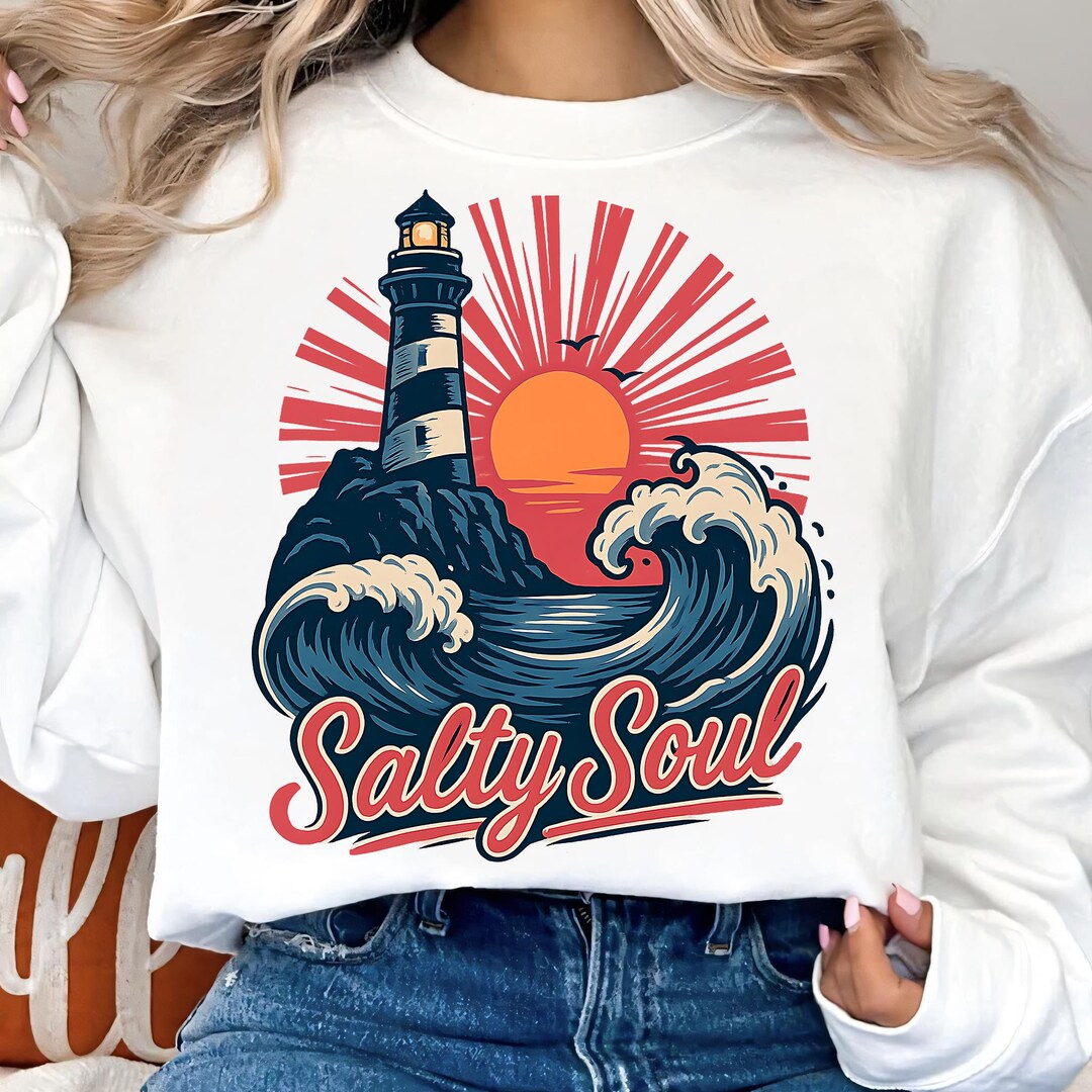 Salty Soul Lighthouse PNG: Retro Ocean Sunset Design (digital Download ...