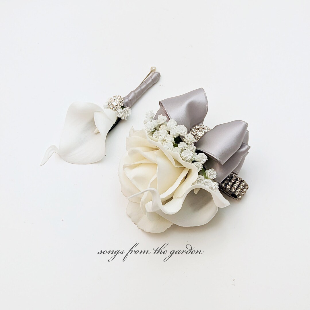 Calla & Rose Corsage With Rhinestones - Wedding Boutonniere Corsage ...