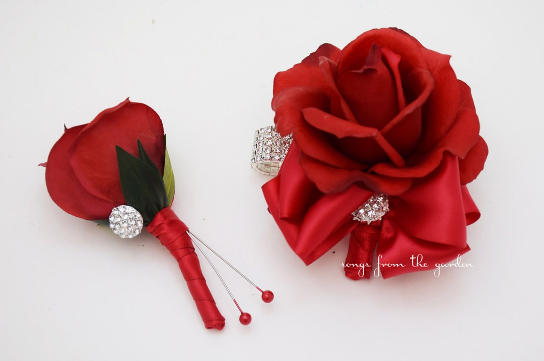 Red Rose Corsage With Rhinestones Real Touch Rose Wedding Boutonniere ...
