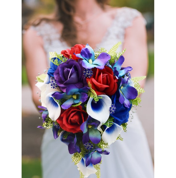 Cascade Bridal Bouquet Red Purple Blue and White Roses Galaxy Orchids Callas Rhinestones Add Groom s Boutonniere Tropical Wedding Etsy Canada