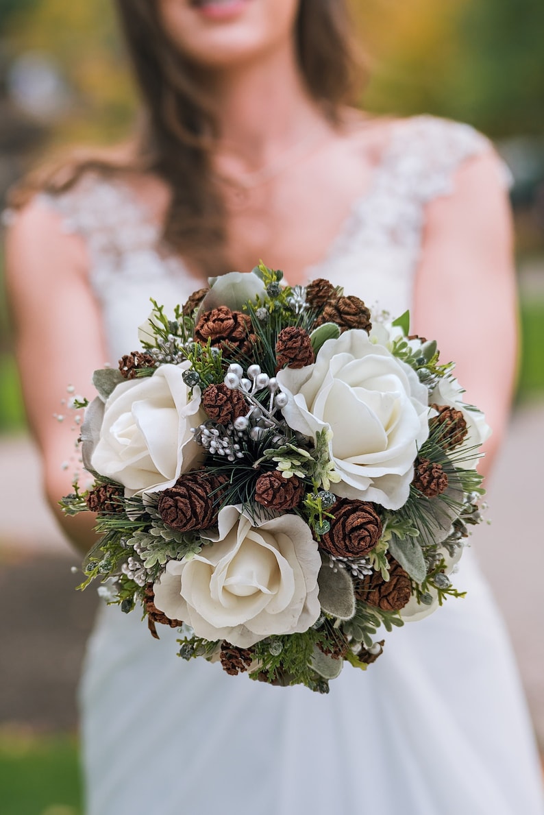 Winter Wedding Bridal Bouquet Evergreens Silver & White Bouquet Pine ...