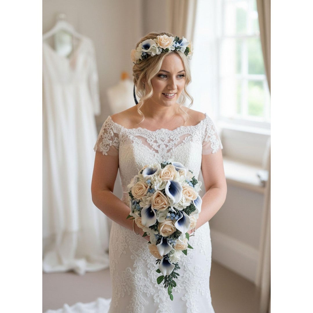 Navy Ivory Cascade Bridal Bouquet - Add a Groom's Boutonniere ...