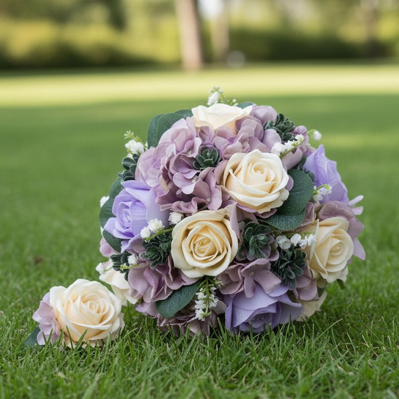 Lavender & Cream Faux Flower Bridal Prom Wedding Bouquet - Add Corsage ...