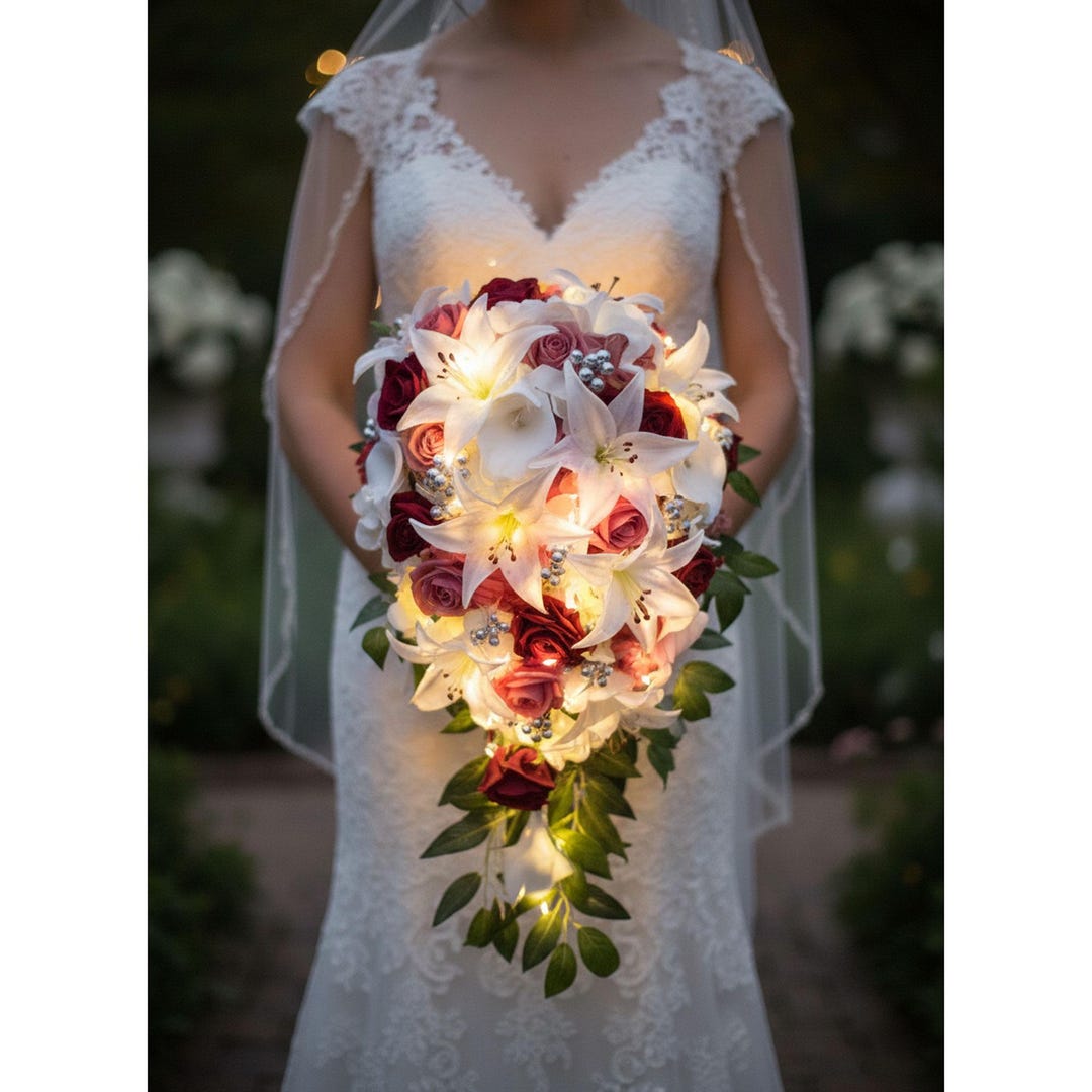 Lighted Cascade Bridal Bouquet – Burgundy Mauve White Silver Flowers ...