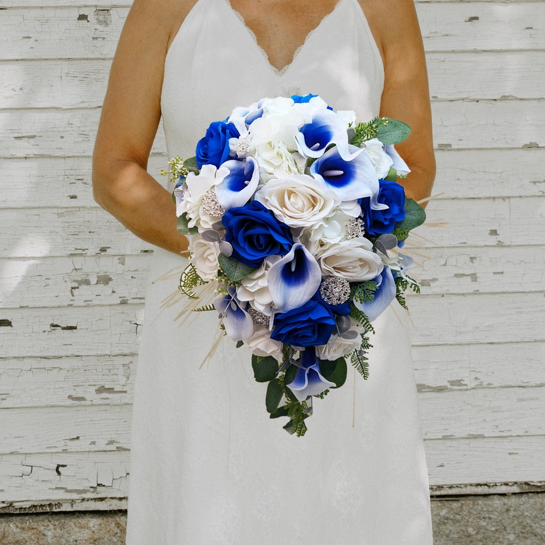 Cascade Bridal Bouquet Silver Blue White - Picasso Callas Real Touch ...