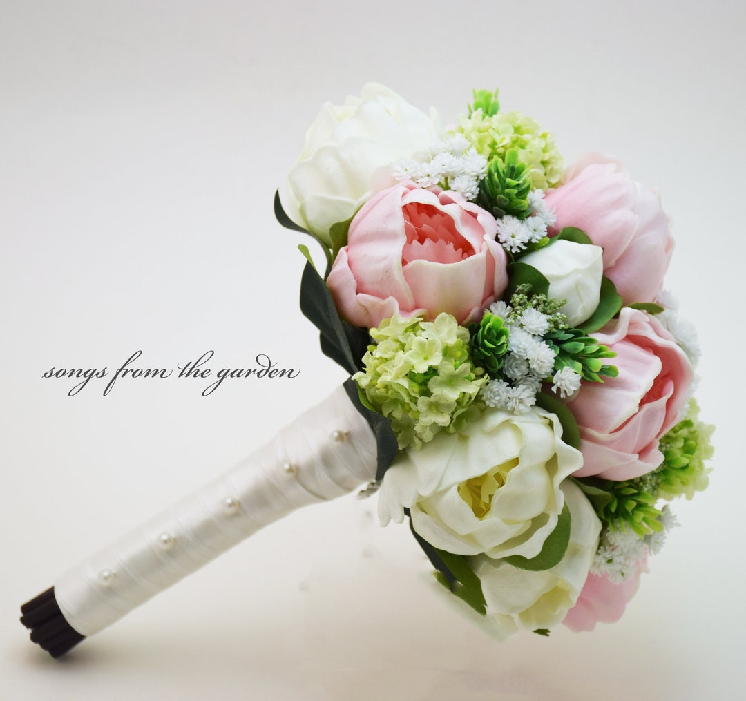 Pink & White Peonies Bridal Bouquet With Viburnum Hops Baby's Breath ...