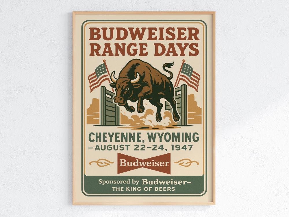 Budweiser Range Days Poster, Vintage Cheyenne Rodeo Wall Art, 1947 Bull ...