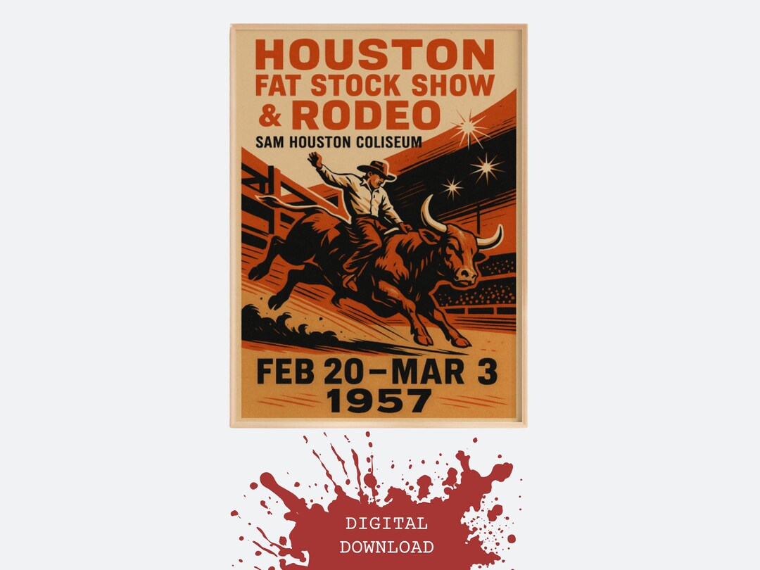 Houston Fat Stock Show Rodeo 1957 Poster, Vintage Rodeo Wall Art, Texas ...