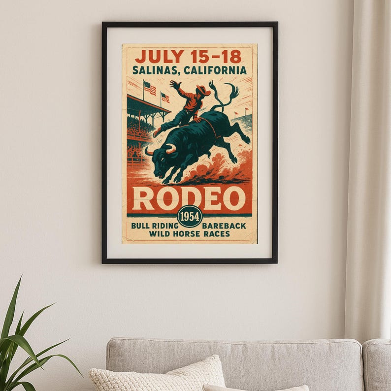 Salinas Rodeo 1954 Poster – Bull Riding Wall Art, Vintage California ...